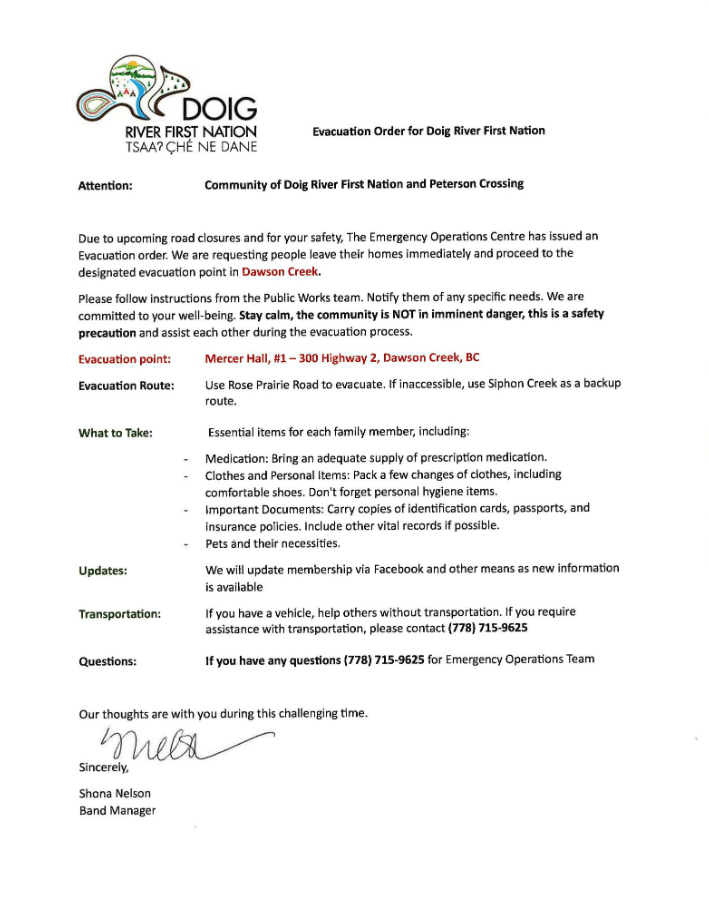 Doig River First Nation placed on Evacuation Order